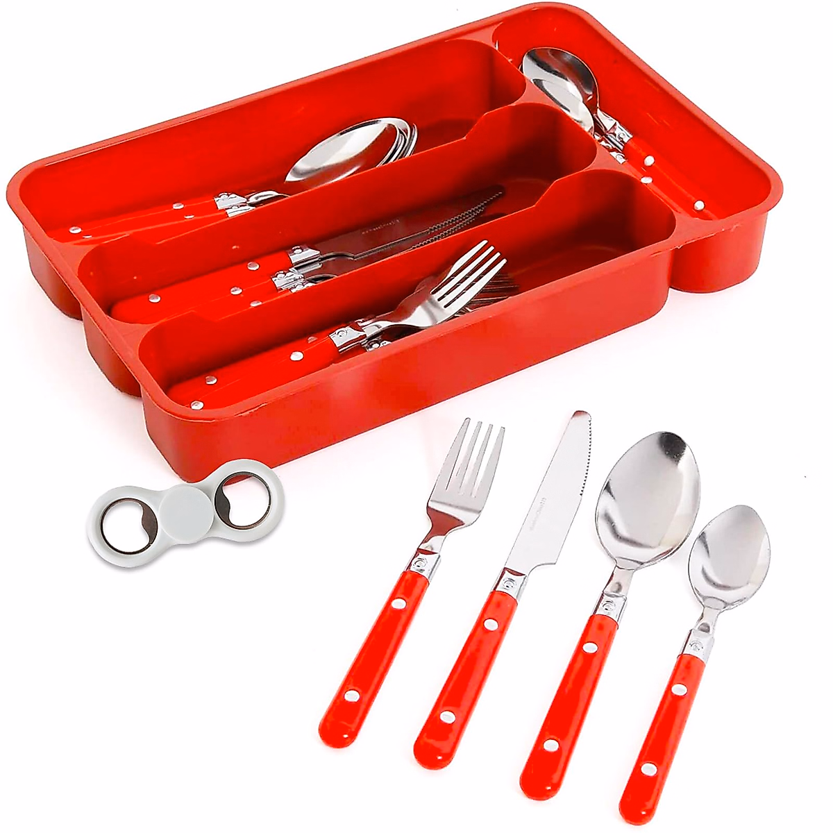 Graydon Hall Service for 6 Flatware Set - 24 Pc Bundle with 6 Forks, 6 Knives, 6 Teapoons, and 6 Tablespoons with Red Handle with Utensil Tray | Stainless Steel Red Dinnerware Set for Home, Kitchen