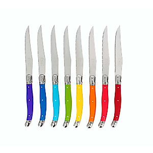 French Home Laguiole 8-Piece Steak Knife Set – Sophisticated Stainless Steel Dinner Knives with Rainbow Handles & Iconic Bee Emblem – Serrated Knives for Smooth Cutting (9.25")