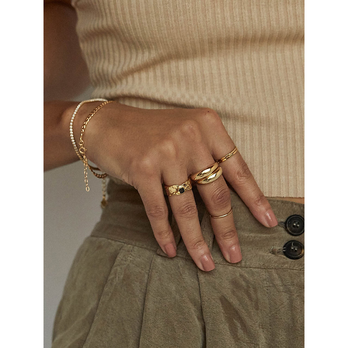 POTESSA 18K Gold Plated Open Statement Ring for Women Vintage Black Obsidian Band Ring Cocktail Rings for Her