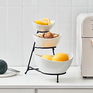 Gomakren 3 Tiered Oval Serving Bowl With Collapsible Metal Rack, Dessert Appetizer, Candy Chip Dip, Fruit, Vegetable Bowl Set, White Serving Dishes For Entertaining (Black)