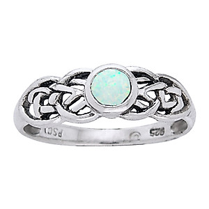 Petite Celtic Knot Birthstone Ring Sterling Silver Simulated Opal For October Size 14