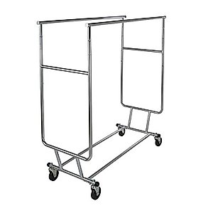 Econoco Double Hangrail Rolling Clothes Rack- Heavy Duty Collapsible Clothing Rack, Commercial Grade Clothing Display, Round Tubing Rolling Rack, Chrome