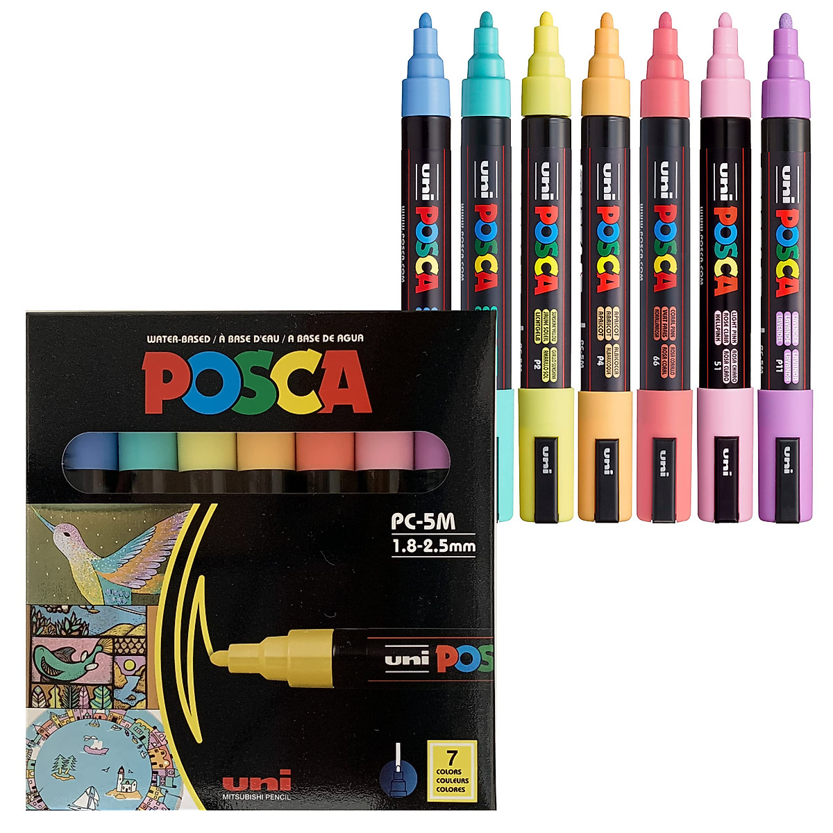 Posca Pastel Set of 7 Acrylic Paint Pens with Reversible Medium Point Tips, Posca Pens are Acrylic Paint Markers for Rock Painting, Fabric, Glass Paint, Metal Paint, and Graffiti