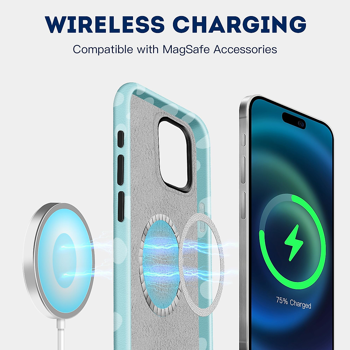 kingflag Vegan Leather Magnetic Case for iPhone 15 Pro Max Wireless Charging, Metal Buttons, Shockproof Protective Phone Case Cover for Women Men 6.7" (Teal with White Dots)