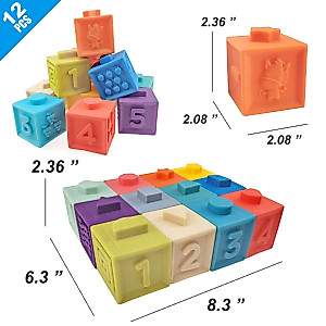 Soft Stacking Blocks for Baby Infant and Toddler, Baby Building Blocks, Teething Chewing Toys, Educational Baby Toys with Numbers, Shapes, Animals, Fruits & Textures for 0 - 3 Years Old, Pack of 12