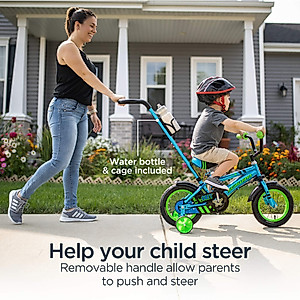 Schwinn Grit Push Steer and Ride Kids Bike, Boys Beginner Bicycle, 12-Inch Wheels, with Training Wheels, Parent Push Handle, Water Bottle and Holder, Blue