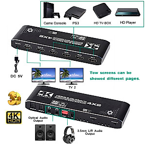 HDMI Matrix Switch 4x2, 4K HDMI Matrix Switcher Splitter 4 in 2 Out Box with EDID Extractor and IR Remote Control Support 4K HDR, HDMI 2.0b, HDCP 2.2, 4K@60Hz, 3D, 1080P