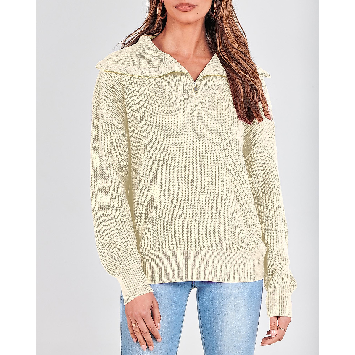 KIRUNDO Women's 2024 Fall Winter Long Sleeve Quarter Zip Pullover Casual V Neck Ribbed Knit Sweaters Jumper Tops(Beige White, Large)