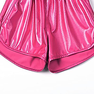 Metallic Shorts for Big Girls Red Light Dance Shorts Shiny Hot Pants 12 13 with Sunglasses