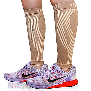 BLITZU 3 Pairs Calf Compression Sleeves for Women and Men Size L-XL, One Nude, One Black, One White Calf Sleeve, Leg Compression Sleeve for Calf Pain and Shin Splints. Footless Compression Socks.