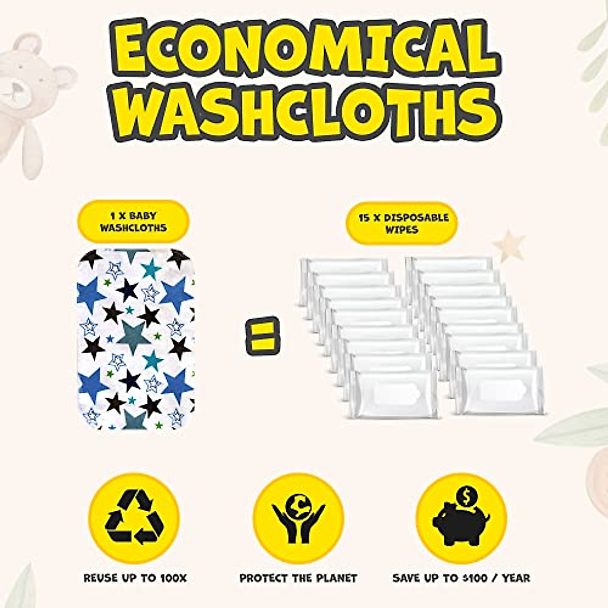 Omilion Baby Washcloth – 30 Pack of Flannel Newborn Washcloths – 100% Cotton - Fun, Colorful Designs – Reusable – Washable – 7x10 Inch Infant Washcloth Set