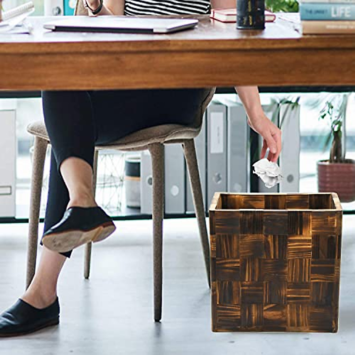 Owlgift Wooden Rustic Burnt Waste Basket Trash Bin, Rectangular Wastebaskets, Bathroom Garbage Can, Bedroom Dorm Recycle Office Can Wastebasket Décor, 5.3" x 10" 9.5"