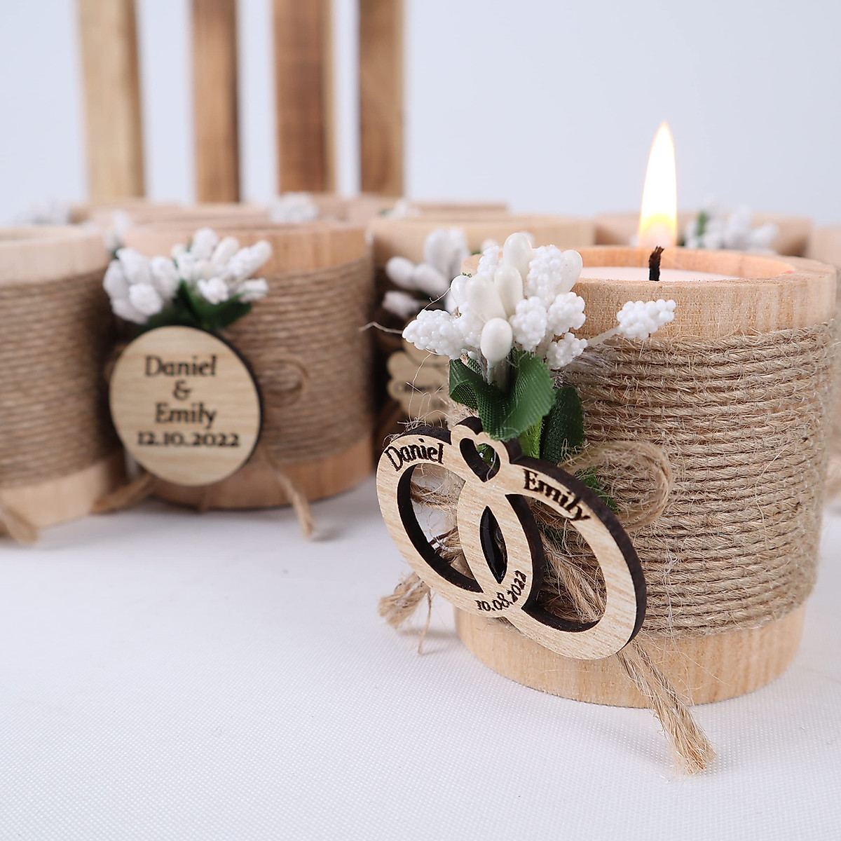Pack of 10-15-25-35-50-100 Personalized Wood Tealight Candle Holder Custom Tealight Candle Holder Decorations Wooden Cylinder Candle Holders for Table Centerpiece (Light Brown, Party-Favor)