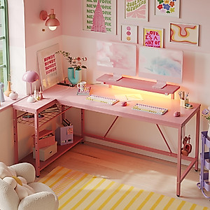 Bestier L Shaped Gaming Desk with Power Outlets,58 LED Small Corner Desk with Reversible Storage Shelves,Pink Computer Desk with Headset Hooks Desk for Living Room and Dormitory