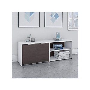 Bush Furniture Low Wide Cabinet with Doors and Shelves | Jamestown Collection Storage Chest with Satin Nickel Handles, 60W, Storm Gray/White