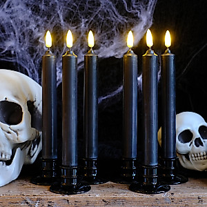 NONNO & ZGF 6PACK Real Wax Black Flameless 8'' Battery Powered Windows Candles with Remote and Timer & Candlestick. Removable Black Candleholders, Patented