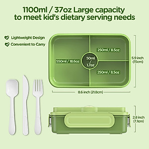 Jelife Bento Box Kids Lunch Box - Large Bento-Style Leakproof with 4 Compartments Food Storage Container with Tableware for Kids Back to School, Reusable On-the-Go Meal and Snack Packing, Green
