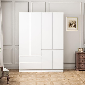 Jiaoun 78.74" 4-Door Armoire Wardrobe Closet, with Drawers and Shelves,Armoires and Wardrobes with Hanging Rod, Wooden Wardrobe Closet（White） 63" L x 20.39" W x 78.74" H