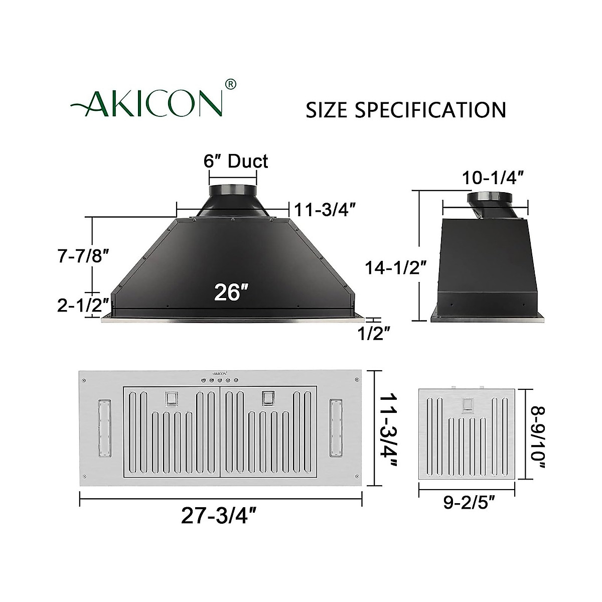 Akicon 30 Inch Range Hood Insert, Ultra Quiet Stainless Steel Ducted Insert/Built-in Kitchen Vent Hood with Powerful Suction, LED Lights and Dishwasher Safe Filters, 3-Speeds 600 CFM