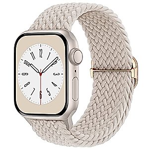 Braided Solo Loop Compatible with Apple Watch Band 38mm 40mm 41mm 42mm 44mm 45mm 49mm for Women Men, Stretchy Straps Elastic Sport Wristbands for iWatch Series 8 7 6 5 4 3 2 1 SE Ultra, Starlight