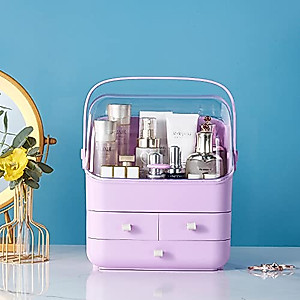 SUNFICON Makeup Organizer Cosmetic Storage Holder Case Purple Beauty Essential Box with Dust Free Cover Portable Handle Fully Open Waterproof Lid Dustproof Drawers Bathroom Countertop Bedroom Dresser