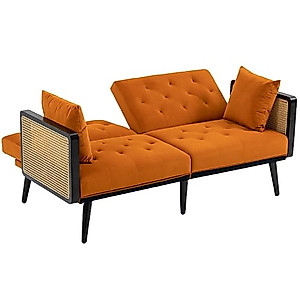 Lin-Utrend Velvet Loveseat Sofa with Rattan Armrest,61" Convertible Futon Sofa Bed,Sleeper Sofa Couch Loveseat for Small Space,Living Room,Apartment