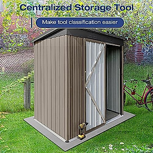 Lyromix 63.5'' × 33.8'' Metal Outdoor Storage Shed with Door & Lock, Waterproof Garden Storage Tool Shed for Backyard Patio,Brown