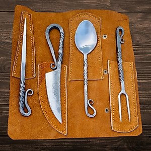 Generic Hand Forged Black Silverware Set With Leather Cover- Medieval 4 Pcs Kitchen Utensils Set, Viking Cutlery Set Knife Spoons And Forks Set- Dinnerware Sets, Kitchen Utensils And Flatware Set