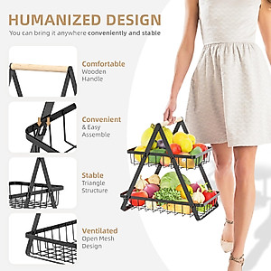 Foensc 2 Tier Fruit Basket, Upgraded Fruit Bowl, Detachable Metal Fruit Holder Vegetable Basket for Kitchen Counter, Large Capacity Fruit Storage Stand Organizer for Produce Bread Snack, Black