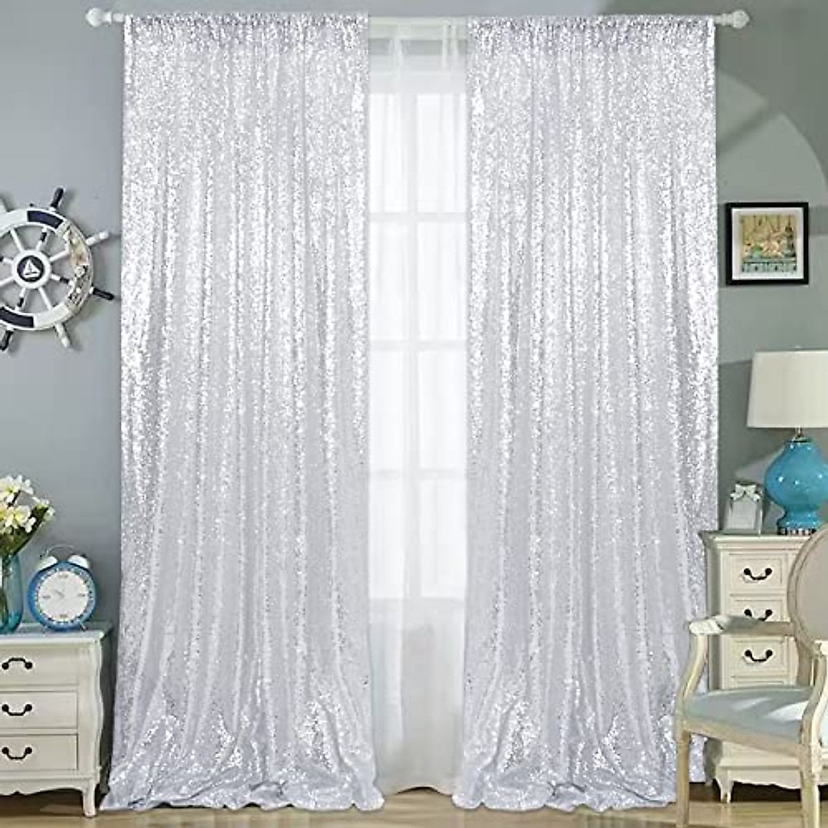 Trlyc Glitter Sequin Backdrop Curtains for Wedding Party Decor (2 Panels, W2 x H8FT,Sliver)