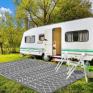 GENIMO Outdoor Rug for Patio Clearance, 5'x8'Waterproof Reversible Outside Outdoor Decor, Area Boho Rug, Plastic Straw Mat for RV, Deck, Patio, Camping, Picnic, Porch, Camper, Grey&White
