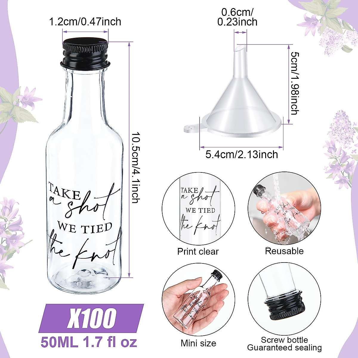 Bokon Mini Wedding Liquor Bottles Take a Shot We Tied The Knot Shot Glasses for Guests 1.7 Fl Oz/ 50 ml Plastic Reusable Empty Bottle with Cap Funnel Acrylic Shot Bottles for Bridal Party (100 Pcs)