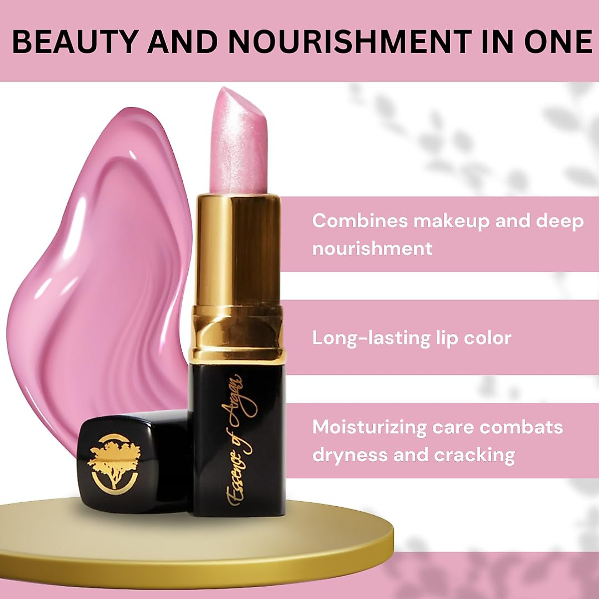 Essence Of Argan Deep Moisturizing Long Lasting Lipstick & Lip Care with 100% Pure Organic Argan Oil, Shea Butter, Jojoba Oil & Aloe Vera Pink Luster