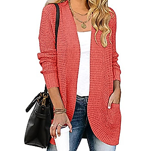 ZESICA Women's 2023 Fall Winter Long Sleeve Open Front Casual Lightweight Soft Knit Cardigan Sweater Outerwear,Watermelon,Medium