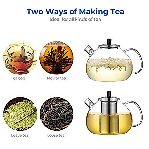 67oz XL Large Glass Teapot with Infuser Stovetop Safe, Tea Pots for Loose Tea Glass, Glass Tea Kettle for Stove Top, Clear Teapot with Strainer for Loose Tea (2000ml, 8 Cups)