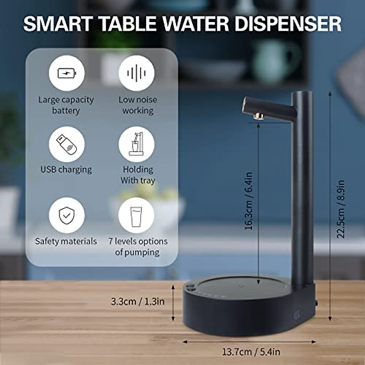 Keledz Desktop Water Bottle Dispenser, Smart Table Water Pump with 7 Level Quantitative Portable Detachable USB-C Charging for 5 Gallon Bottle, Application Home, Office, Camping, Travel (Dark Blue)