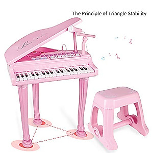 Kids Piano Keyboard Toys 37 Keys,Grand Piano for Beginners,3 4 5 6 Years Old Toddler Girl Boy Gift,Educational Musical Instrument,w/Microphone,Stool,Piano Lid,Lights,Note Stickers,Enamel Finish- Pink