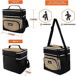 opux Insulated Dual Compartment Lunch Box Men Women | Leakproof Double Deck Lunch Bag Work Office | Soft Cooler Tote Strap Adult | Reusable Thermal Lunch Pail 12 Cans, Brown Tan Taupe Beige