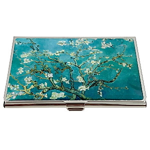 Mother of Pearl Business Card Case Credit Id Name Holder Travel Wallet Art Painting Design Metal Stainless Steel Engraved Slim Purse Pocket Cash Money Wallet (Almond Blossom)