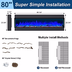 ALEXENT Recessed 80" Electric Fireplace with Wi-Fi/Remote Control Wall Mount, Built in, Low Noise with Timer, Touch Screen, Adjustable Flame Color and Speed, Log Set & Crystal
