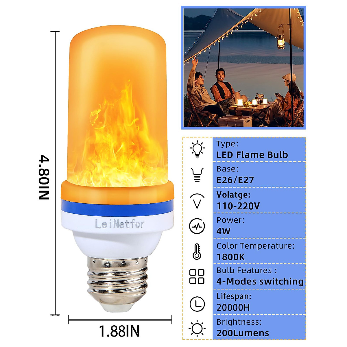 LeiNetfor Led Flame Effect Light Bulb, 4 Modes Flickering Light Bulbs Halloween Decorations,E27 Base Outdoor Led Fire Light Bulbs with Gravity Sensor for Christmas,4W Flame Light Bulbs (Yellow-4Pack)