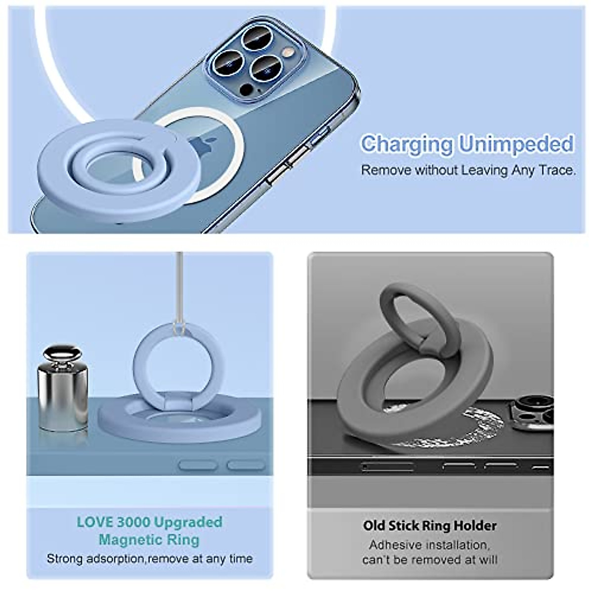 LOVE 3000 Magnetic Phone Ring Holder Stand for Magsafe 360° Rotation Phone Grip Cell Phone Ring Holder Finger Compatible with iPhone 14/13/12 All Smartphone Accessories with Metal Ring - Light Blue