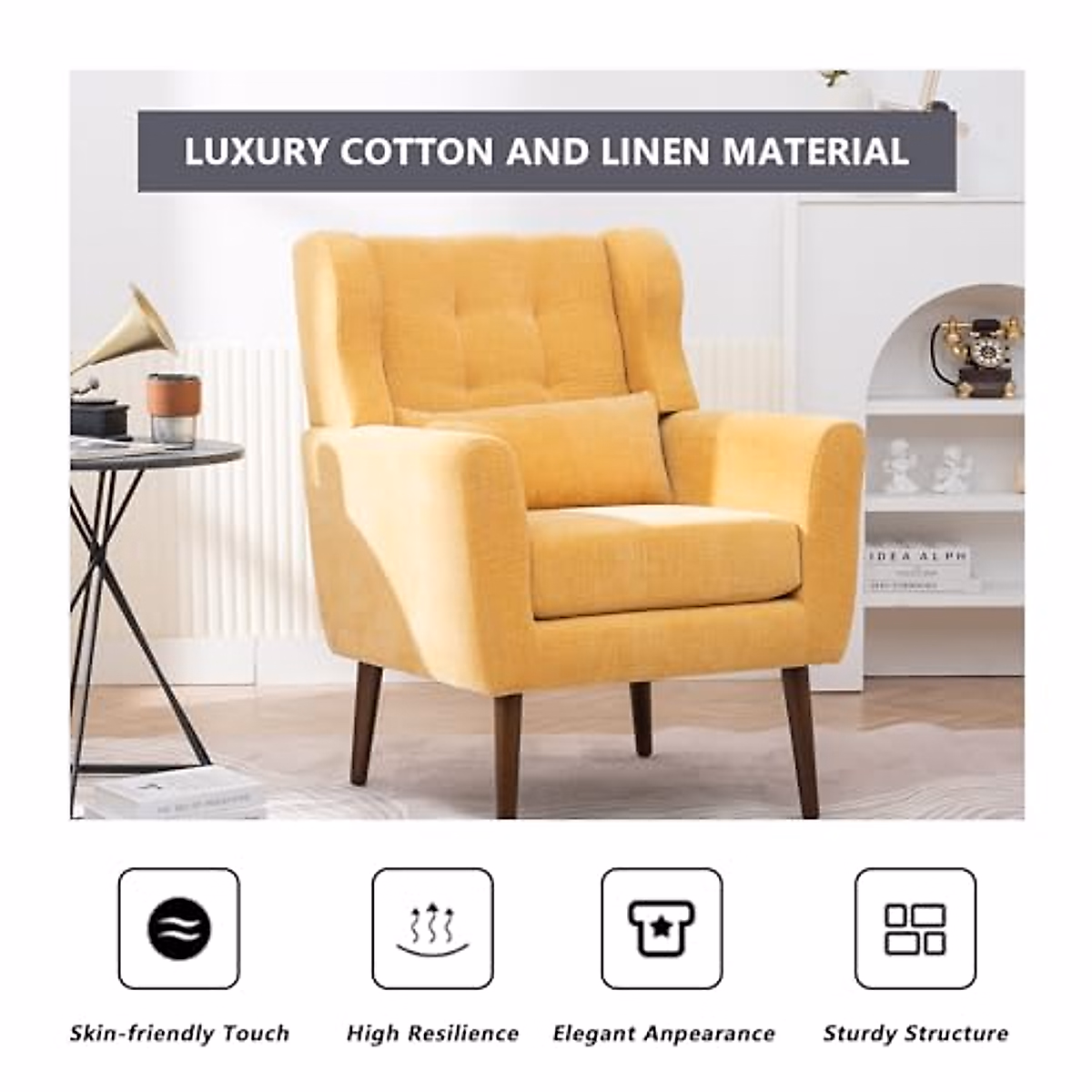 Lefosure Modern Accent Chairs,Upholstered Arm Chairs with Pillow,Mid Century Sofa Chairs with Chenille Fabric,Comfy Reading Chair for Living Room,Bedroom (Yellow, Set of 2)