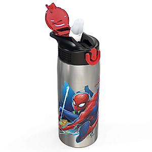 Zak Designs 27oz Marvel 18/8 Single Wall Stainless Steel Water Bottle with Flip-up Straw and Locking Spout Cover, Durable Cup for Sports or Travel (27oz, Spider-Man)