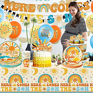 Here Comes The Son Baby Shower Decor Here Comes The Son Baby Showe Plates Napkins Cups Tablecloth Banner Balloons and Cake Topper Sun Retro Boho Sunshine Birthday Party Supplies, Serves 20