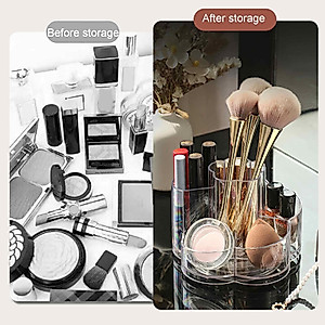 Makeup Brush Holder, Acrylic 6 Slots Skincare Organizers, 360 Degree Rotating Pen Bucket, Decorative Clear Vanity Cosmetics Display Case for Lipstick Beauty Egg Foam Eyebrow Pencil Powder Tube