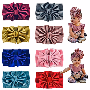 Lawie 8 PACK Elastic Stretchy Elastic Soft Wide Velvet Bowknot Bow Headbands Hairband Knot Turban Headwraps Hair Bows Accessories for Kids Toddler Infant Newborn Baby Girl Bulk