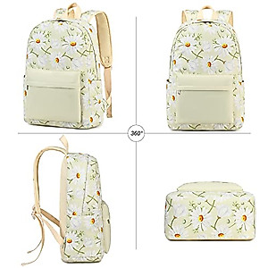 LEDAOU Backpack for Girls School Bag Kids Bookbag Teen Backpack Set Daypack with Lunch Bag and Pencil Case (White Daisy)