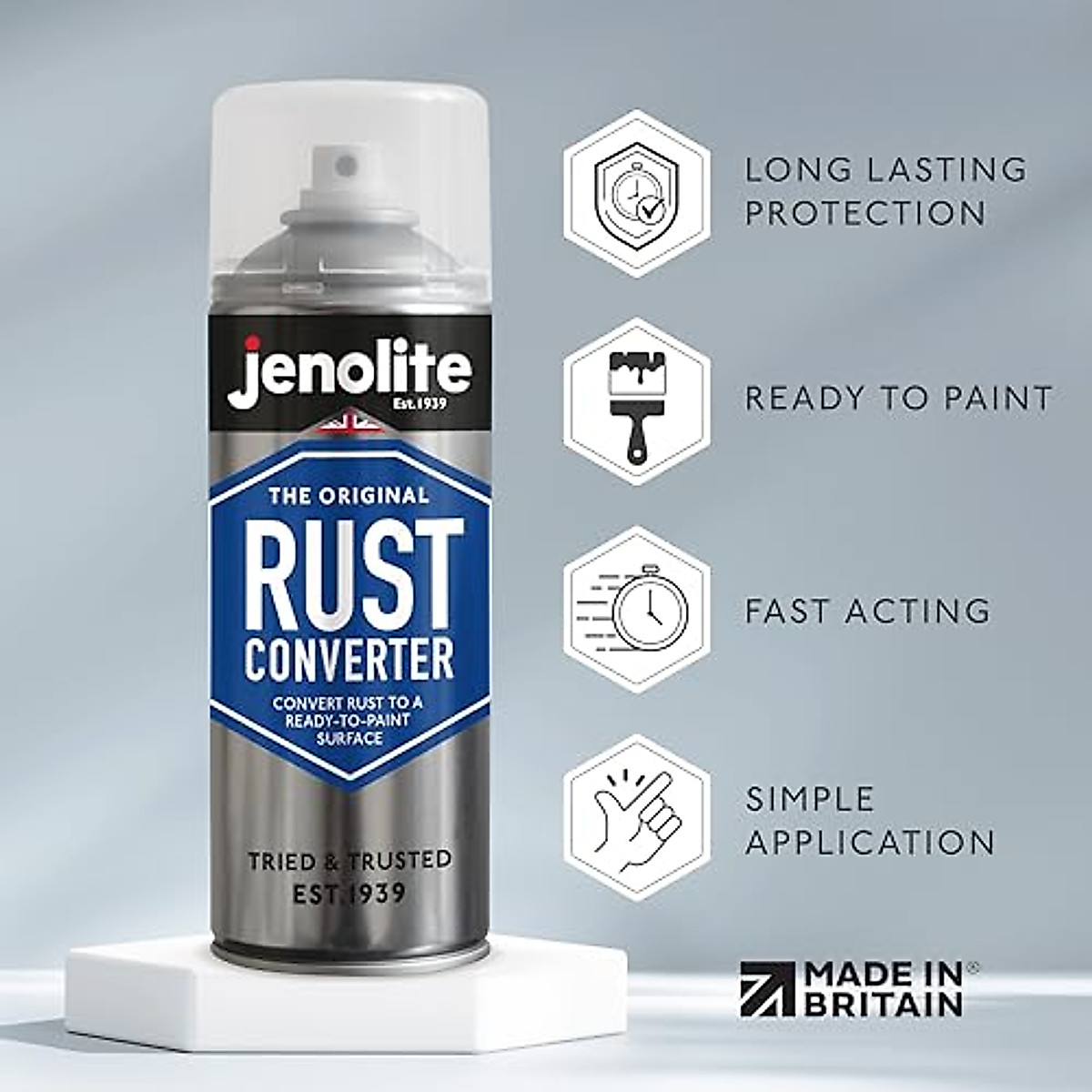 JENOLITE Rust Converter Aerosol | RUST TREATMENT | Reforms Rust into Ready to Paint Surface | Simply Spray on Rusted Surfaces | Epoxy Based Formula | 400ml (13.52 fl oz)