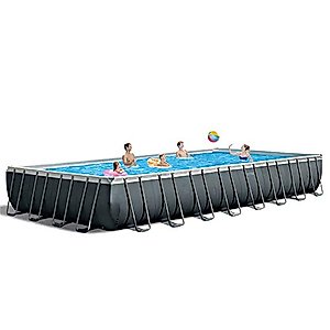 Intex 26377EH 32ft x 16ft x 52in Ultra XTR Frame Above Ground Rectangular Swimming Pool Set with 2 Inflatable Recliner Lounge Chairs and Cooler Float